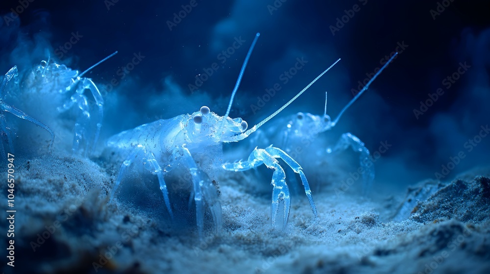 Ethereal view of deep-sea shrimp illuminated in a mysterious ocean glow ...
