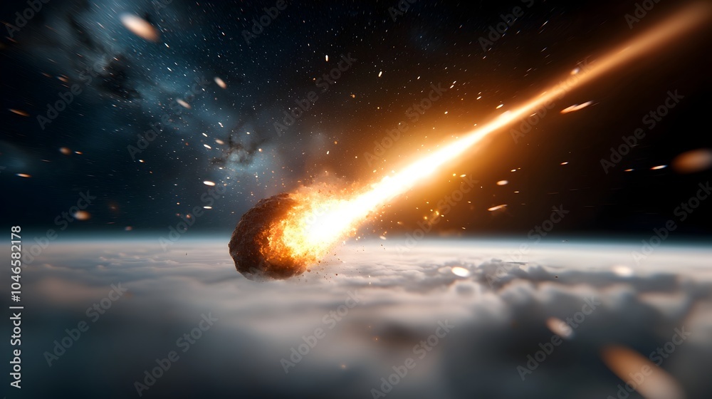 Fiery comet with a vibrant red tail racing across the night sky ...