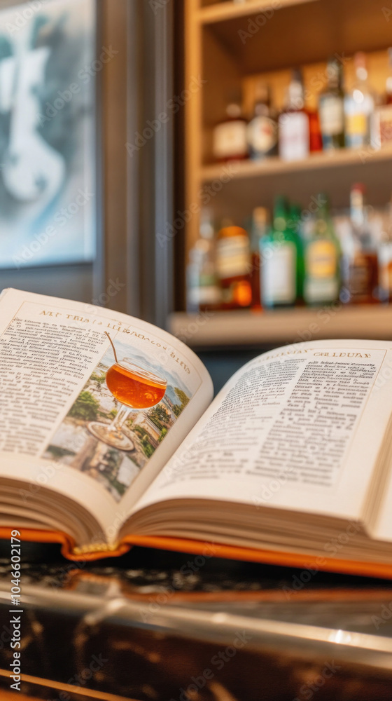 Open cocktail recipe book resting on bar top with bar in background ...