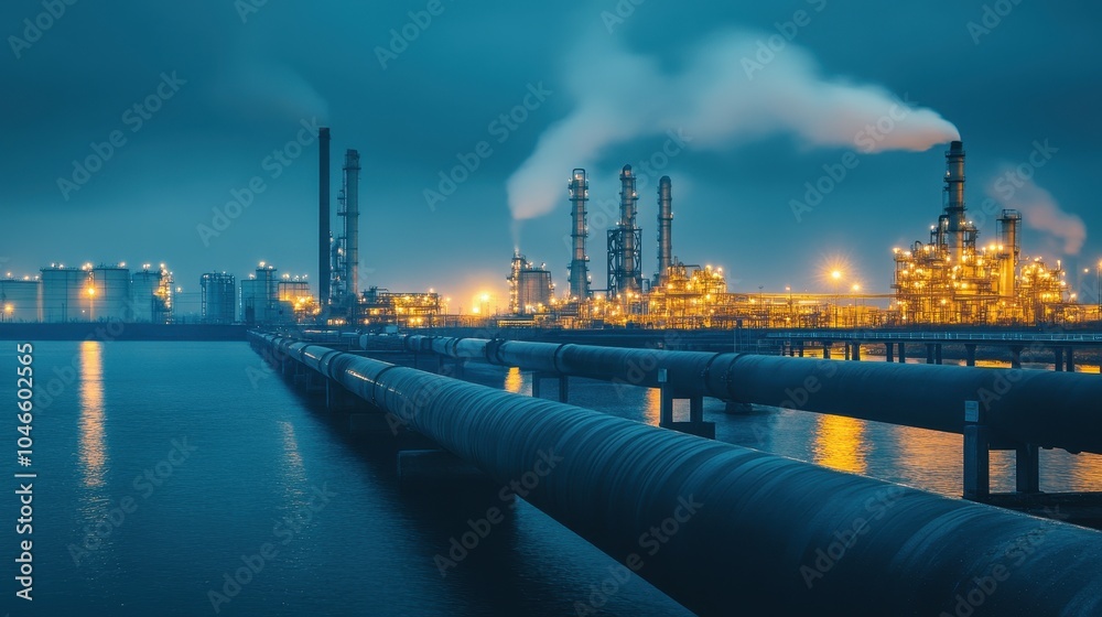 Coastal Facility at Night with Glowing Lights and Pipes Stock ...