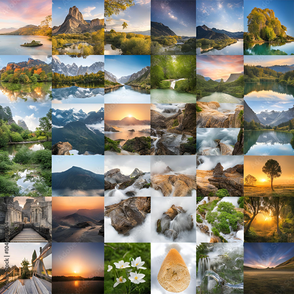 A vibrant collage capturing breathtaking landscapes with mountains ...