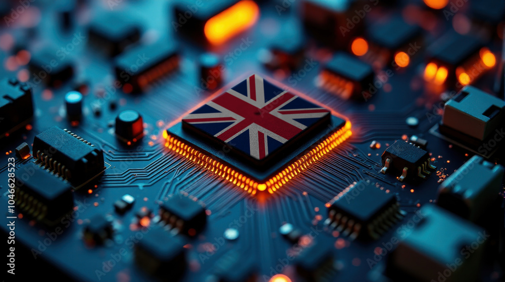 A microprocessor with the United Kingdom flag is embedded on a circuit ...