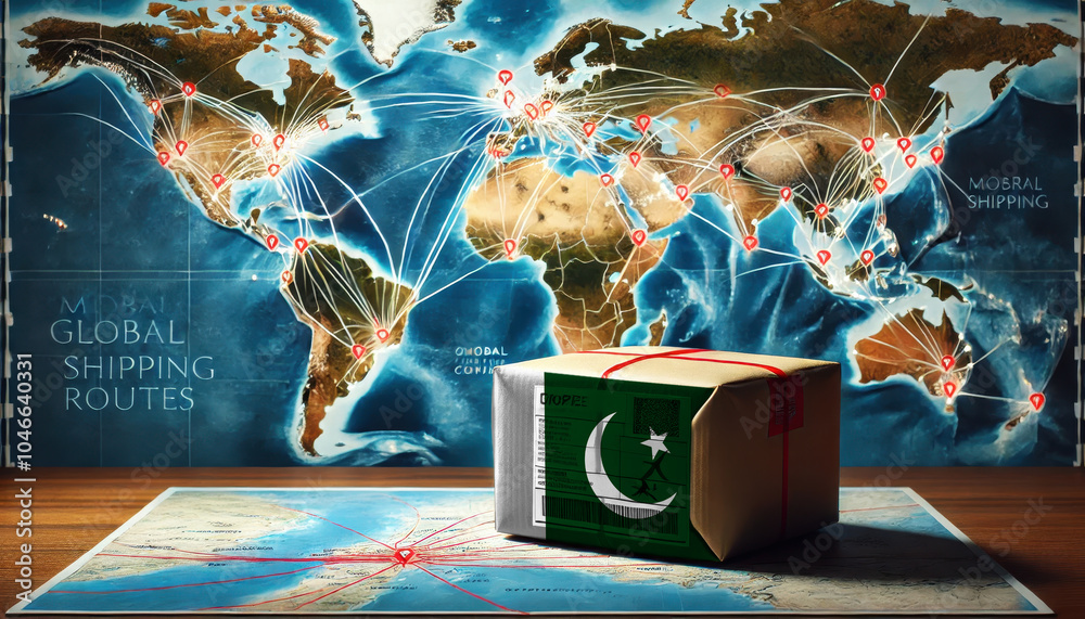 A Pakistan flagged package sits on a world map with marked global ...