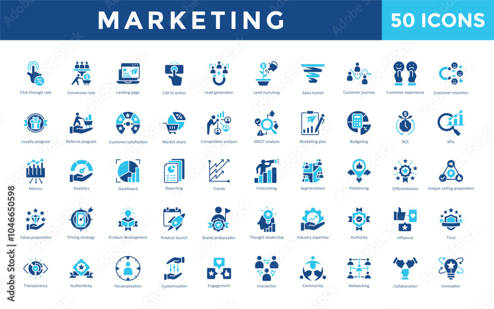 Marketing icon set with budgeting, roi, kpis, metrics, analytics ...