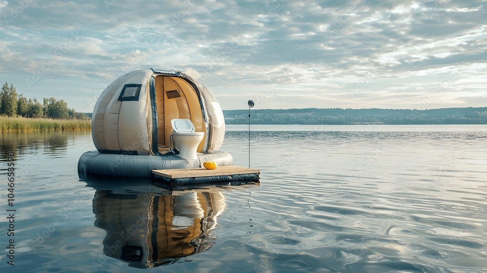 Surreal and conceptual image of a toilet floating inside an inflatable ...