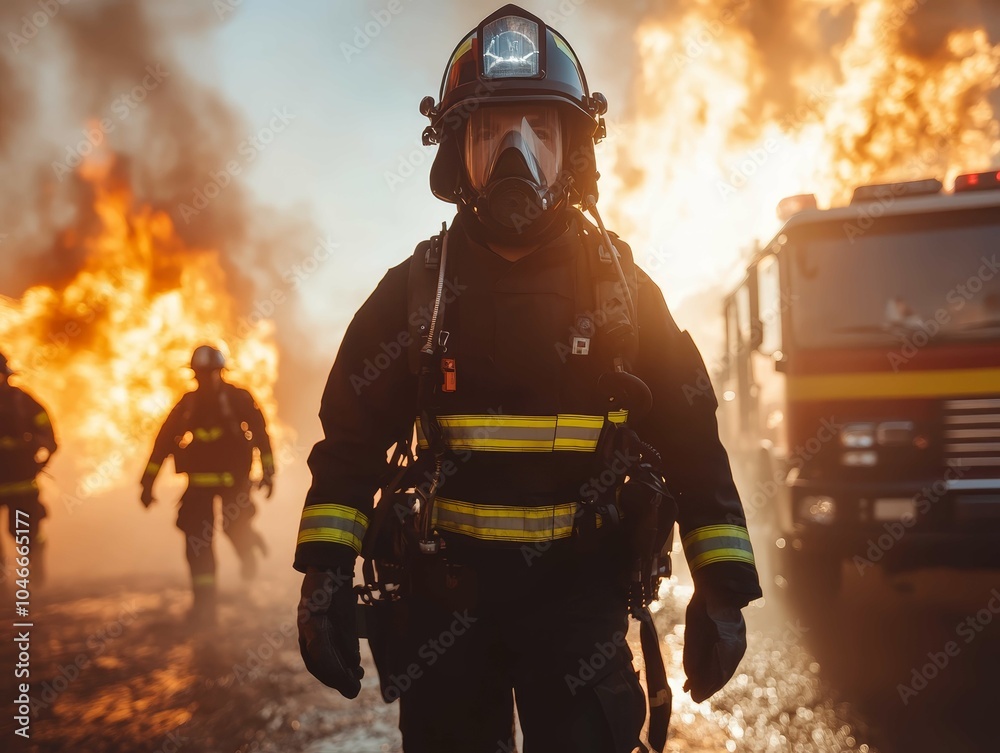 Firefighters battling a large wildfire near a burning forest with a ...