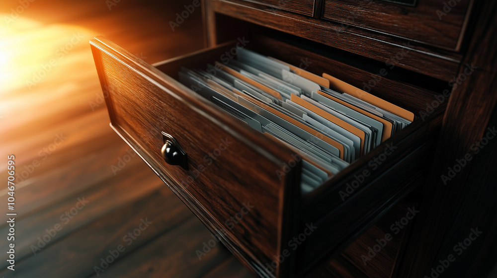 A vintage wooden file storage cabinet with an open drawer packed with ...
