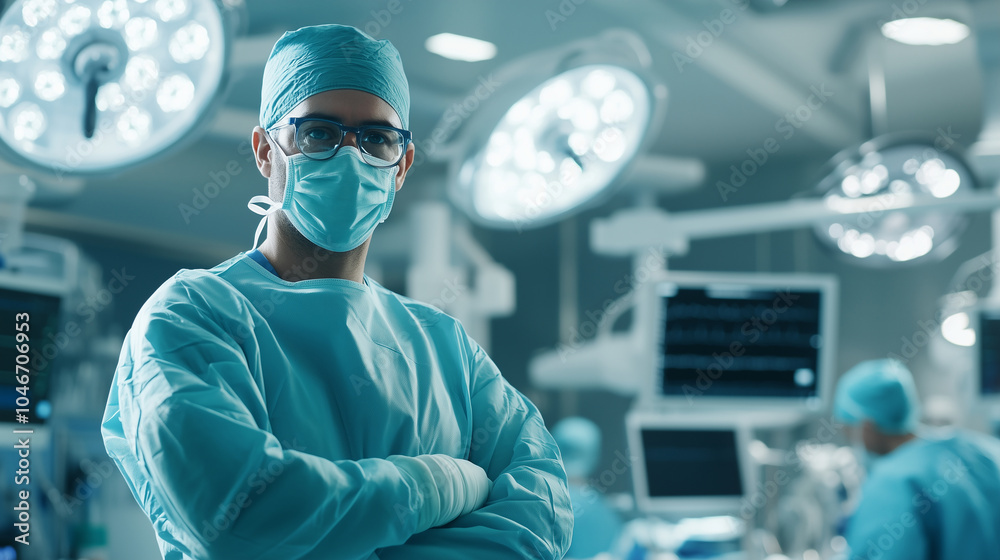 A surgeon, fully scrubbed and masked, stands in a bright operating room ...