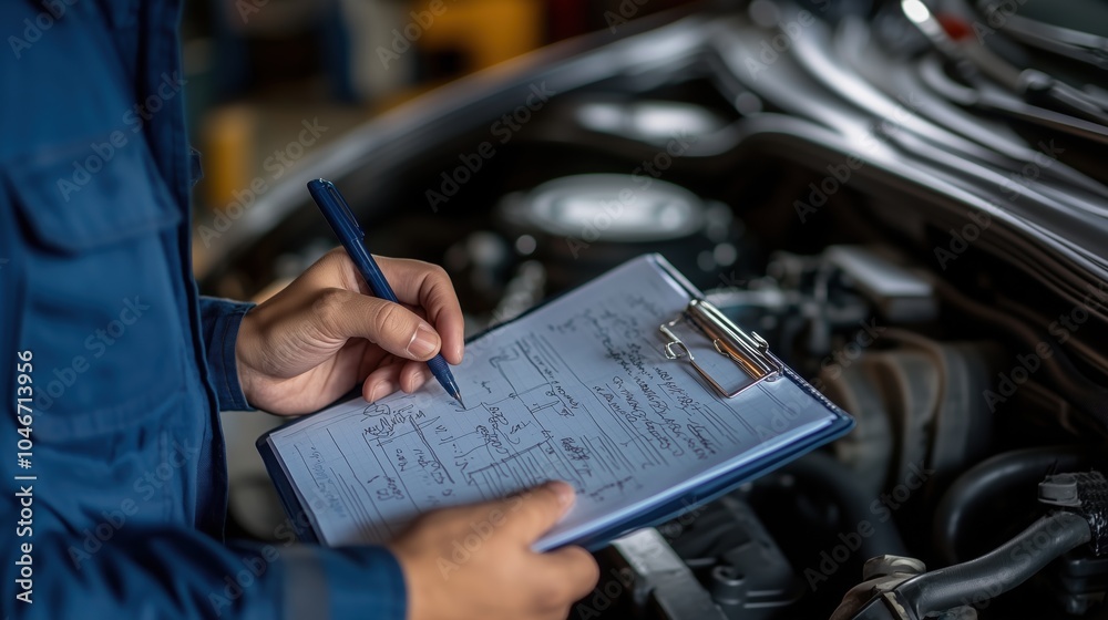 Mechanic writing vehicle inspection report on clipboard. Mechanic ...