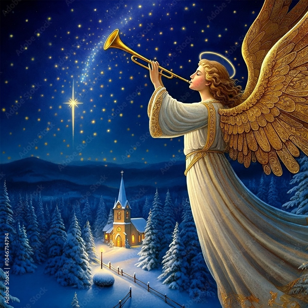 A Christmas card illustration featuring a majestic angel blowing a ...