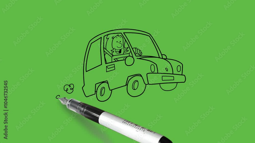 draw young girl drive car and young man sit on back seat with black ...