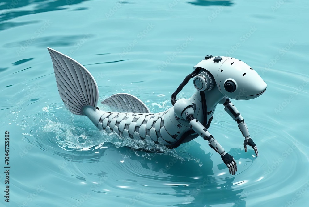 Mermaid Robot With fish tail and upper human body water interact Stock ...