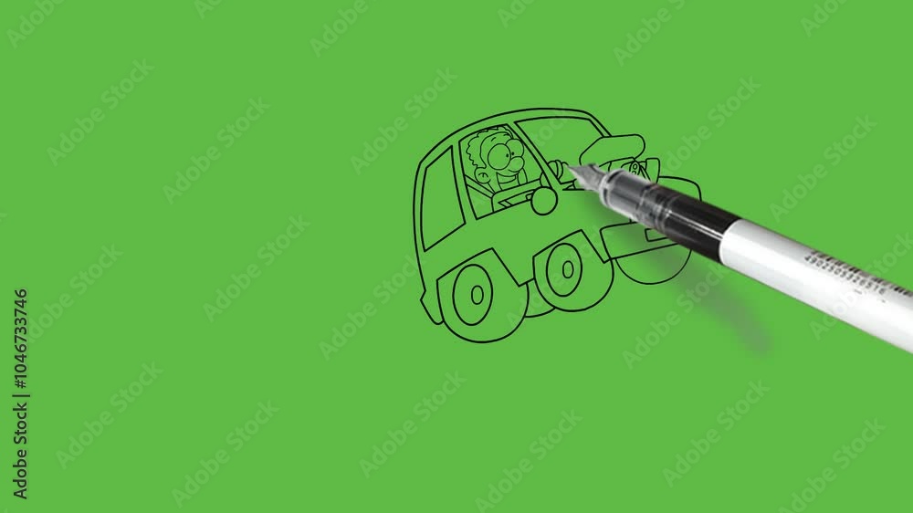 draw young man driving car on road in high speed with black outline on ...