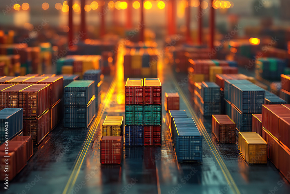 Image of multiple containers in port with neural threads of information ...
