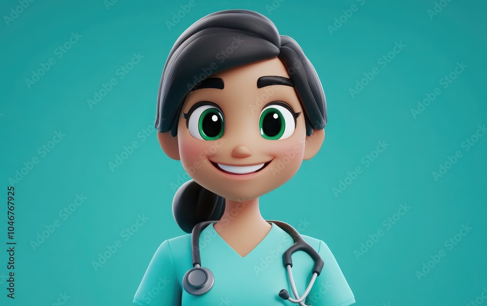 Create a 3D cartoon emoji of a nurse wearing scrubs and a stethoscope ...