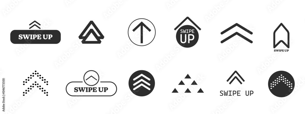 Swipe up slide arrow button, scroll ui icon. Interface simple sign, set of buttons for social ...