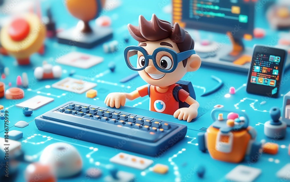 Design a 3D cartoon emoji featuring a software developer with glasses ...