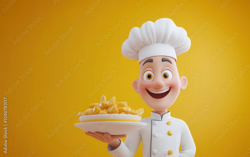 Design a 3D cartoon emoji featuring a chef in a white uniform and chef ...