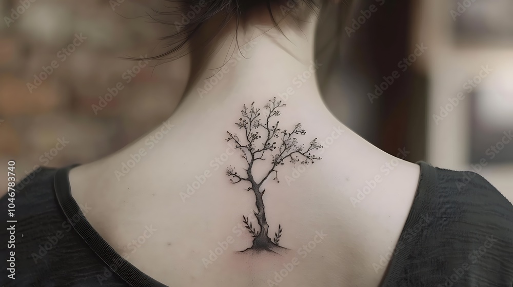 Elegant black ink tree tattoo on the back of a woman. The tattoo is a ...