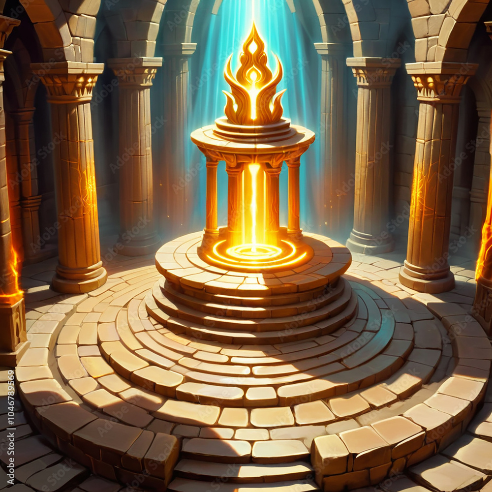 A golden altar with a fiery design sits atop a stone platform in a ...