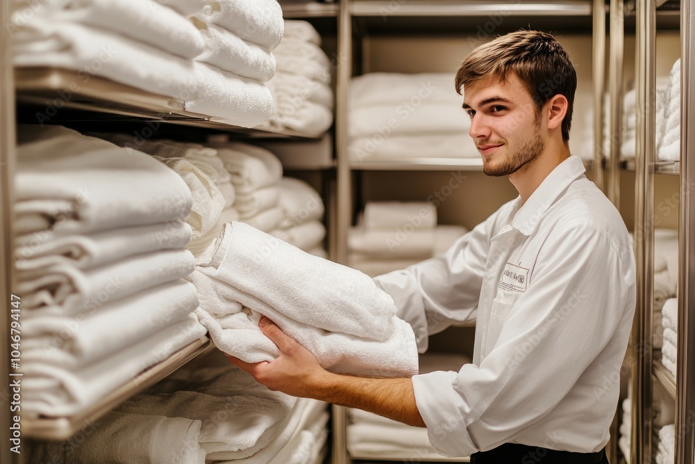 Hotel housekeeping staff organizing a linen closet â€“ A staff member ...