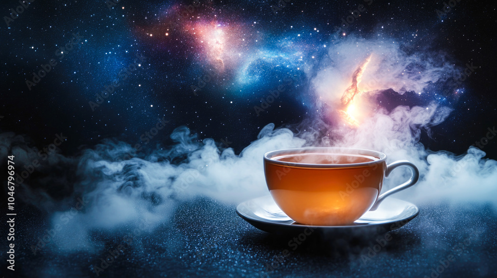 Steaming cup with cosmic backdrop: surreal universe-inspired beverage ...