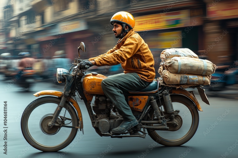 Man is riding a motorcycle with a yellow helmet and a yellow jacket. He ...
