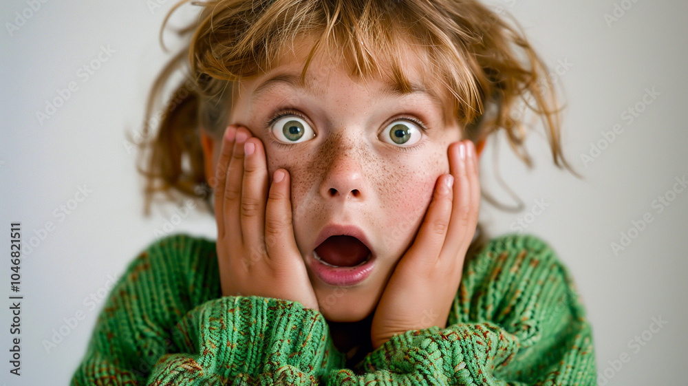 Surprised child with wide green eyes and freckles, holding their face ...