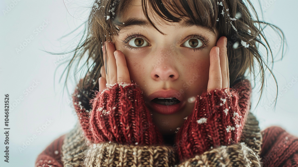 Shocked young person in a winter scene, wearing a red sweater and scarf ...