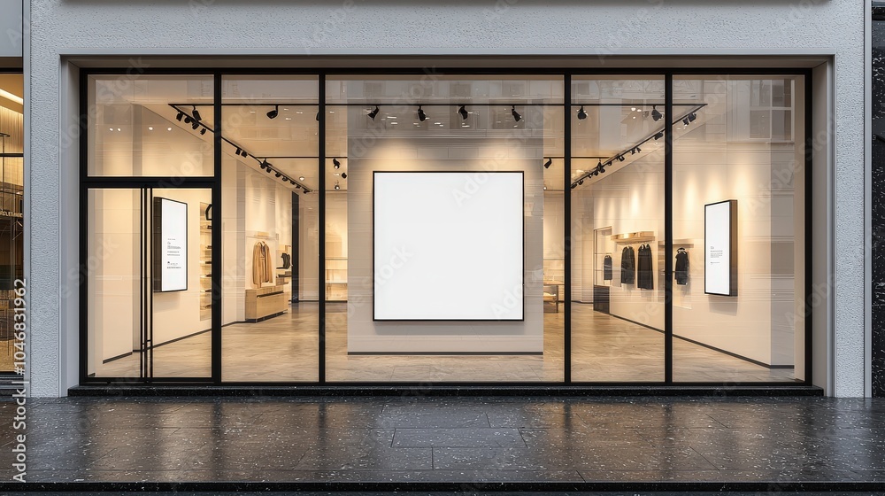 Clean storefront window with a simple blank poster for retail branding ...