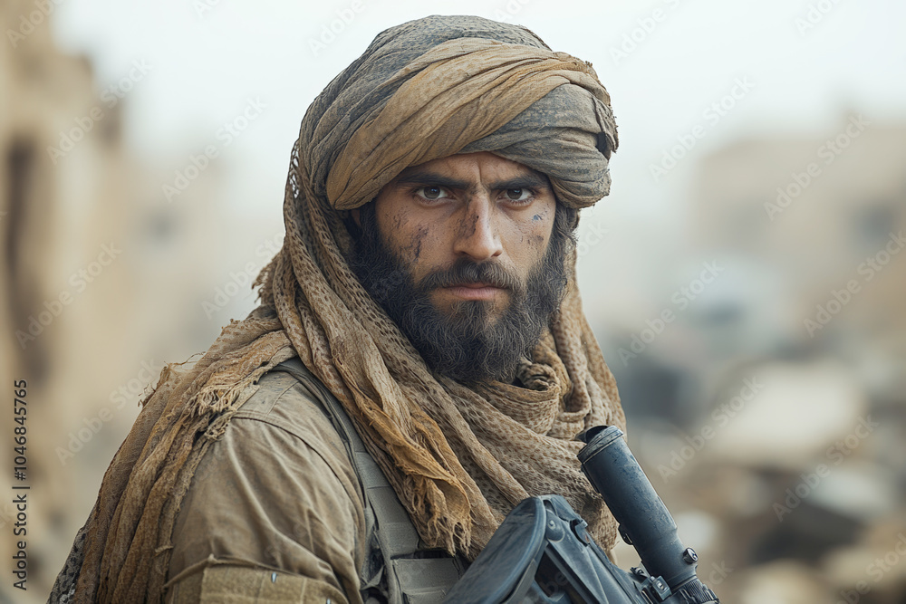 The warrior man with a rifle standing in traditional Palestinian attire ...