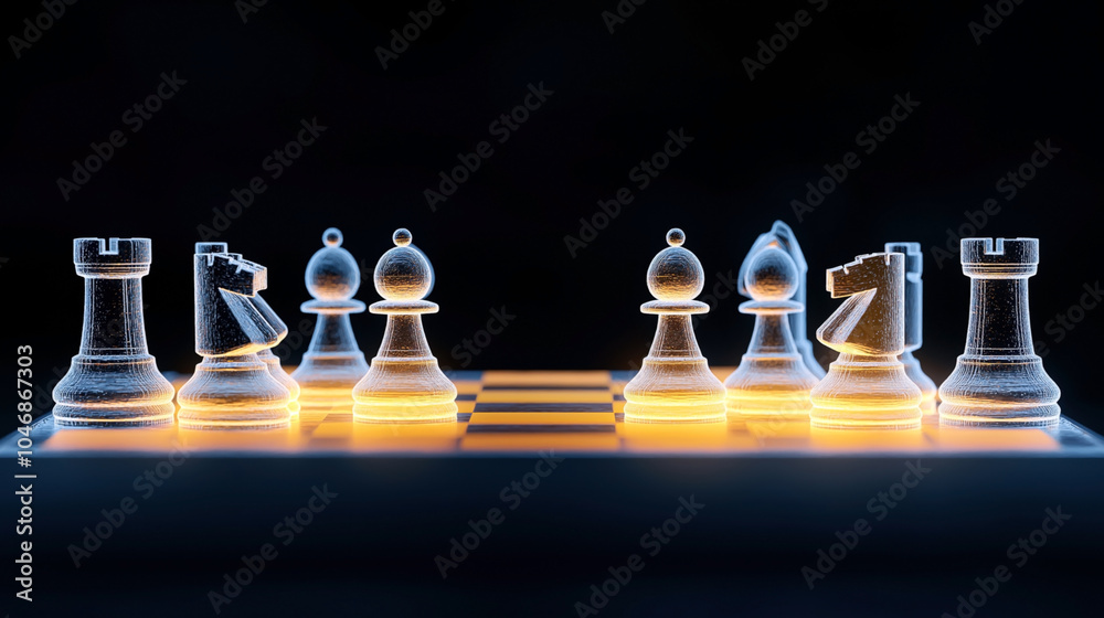 Glowing transparent chess pieces on a chessboard with dark background ...