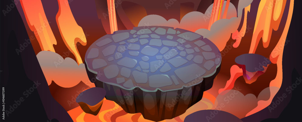 Floating round battle arena underground with lava and smoke clouds ...