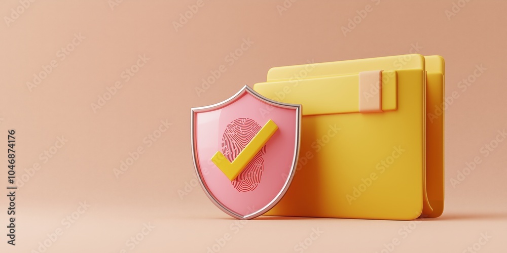 Shield with fingerprint and checkmark next to a yellow folder ...
