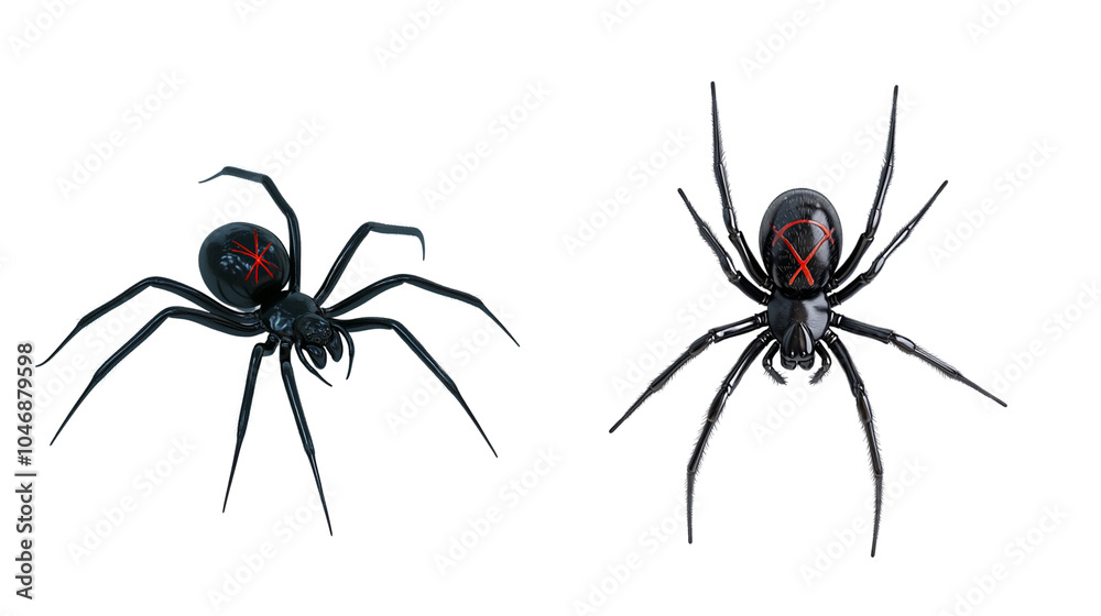 Illustration of two black widow spiders with red hourglass markings on ...