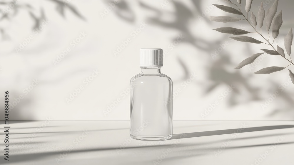 Transparent bottle with a white cap, casting shadows on a minimalistic ...