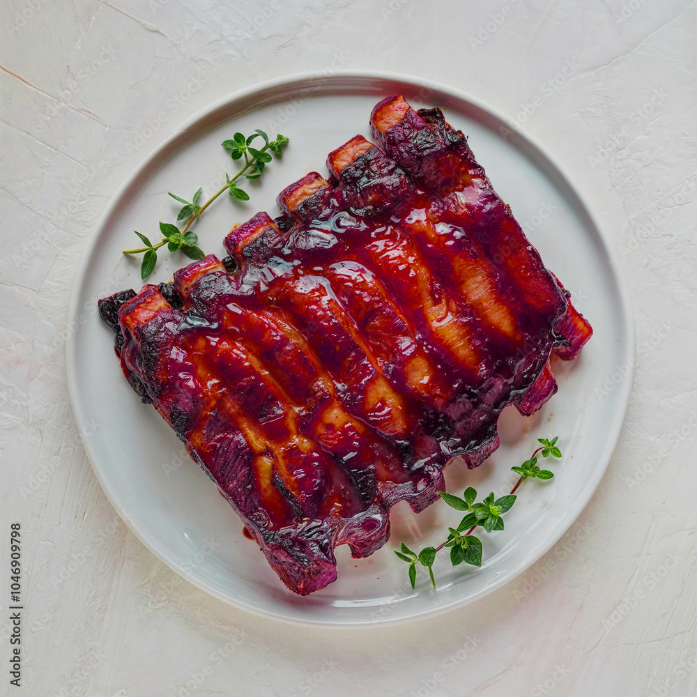 Barbecued and marinated sticky spare ribs on a white background with ...
