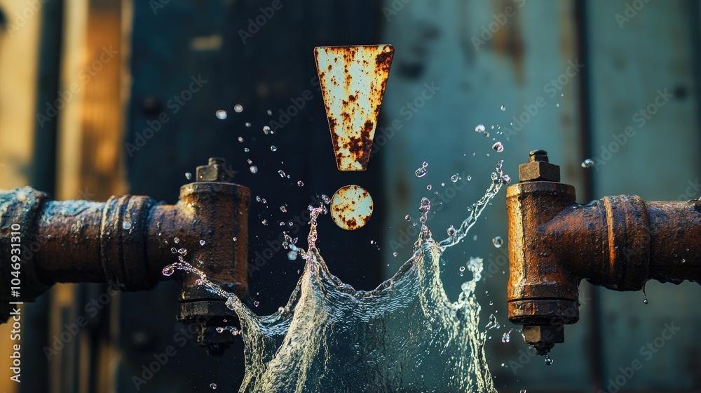 A water splash shaped like an exclamation mark with rusty pipes ...