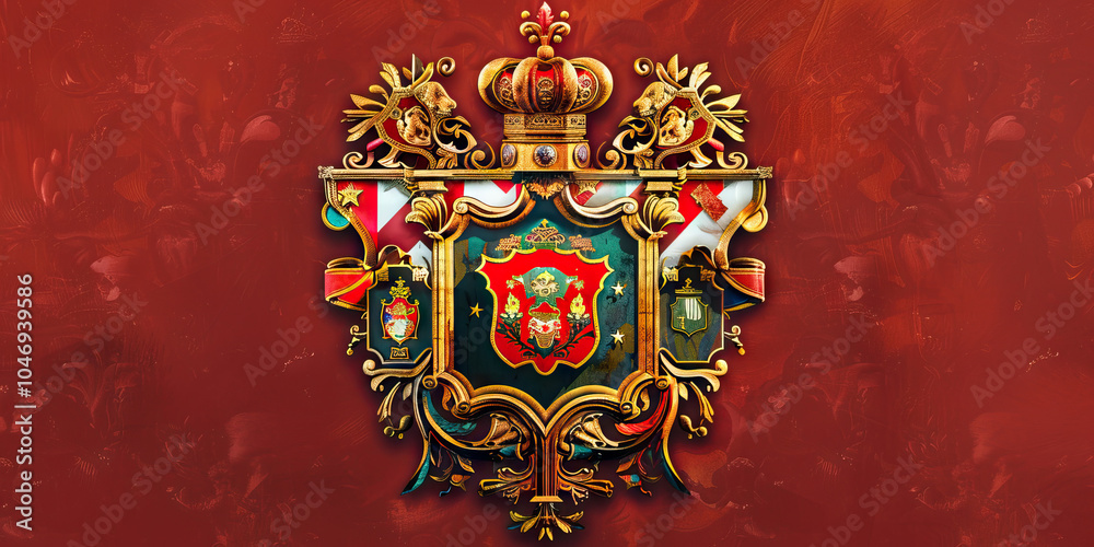 An ornate family crest, emblazoned with symbols and colors that tell ...