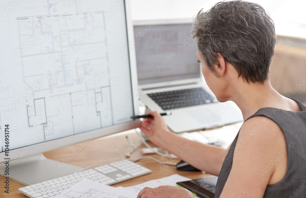 Architecture, woman and design on computer screen for planning, housing ...