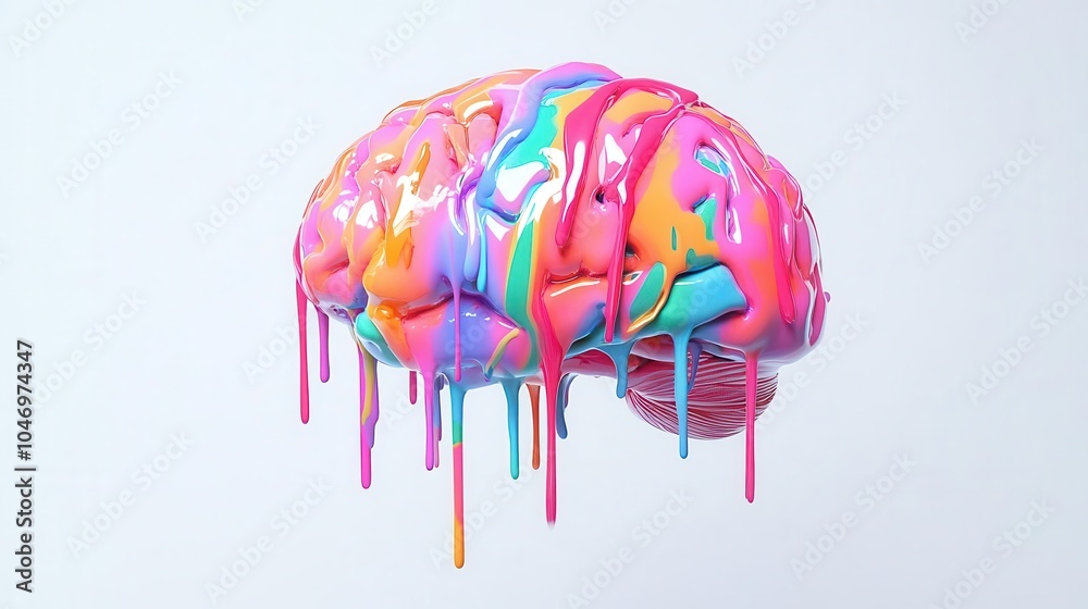 colorful brain model melting with vibrant drips on a clean white ...