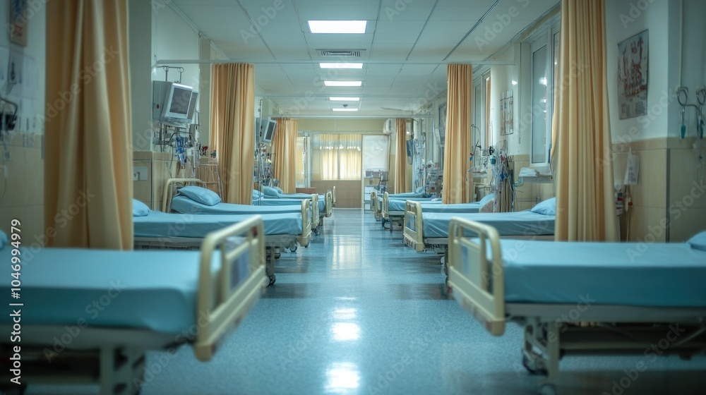 Patient ward with multiple beds arranged neatly, with medical devices ...