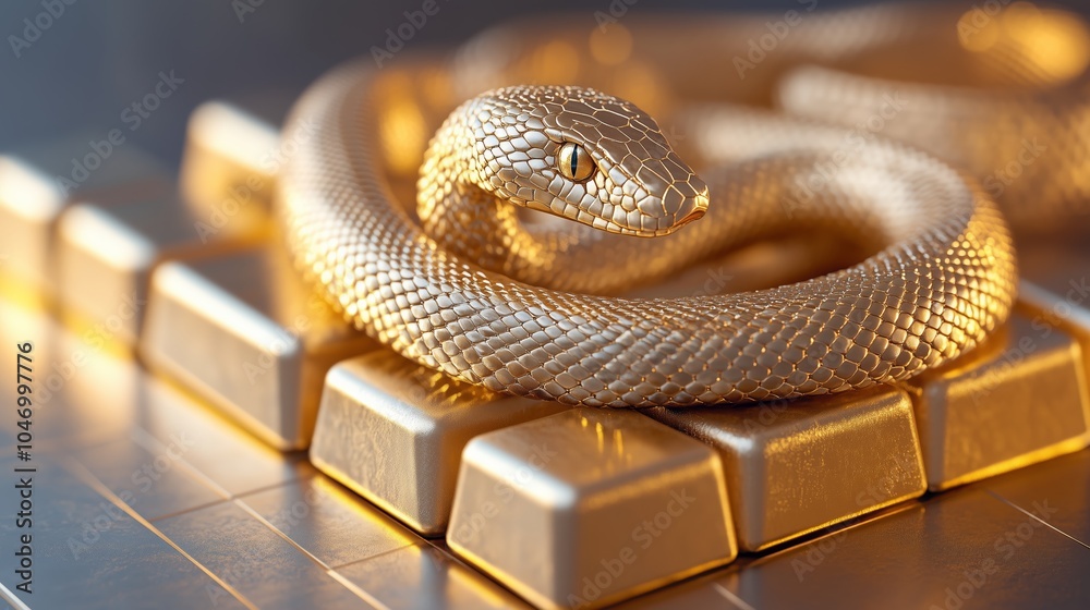 A luxurious golden snake coiled on top of gold bars, shining in a high ...