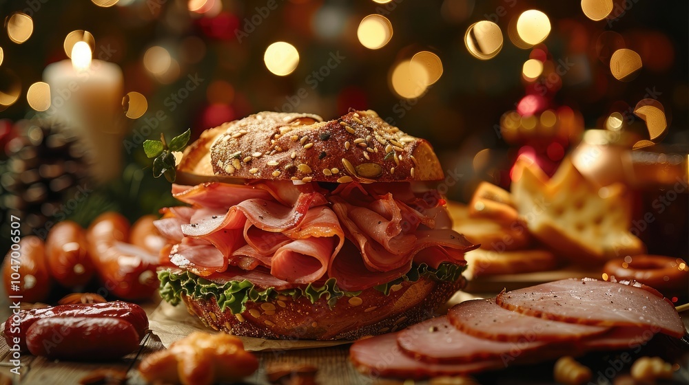 A delicious ham sandwich on a table, also a whole smoked ham and other ...