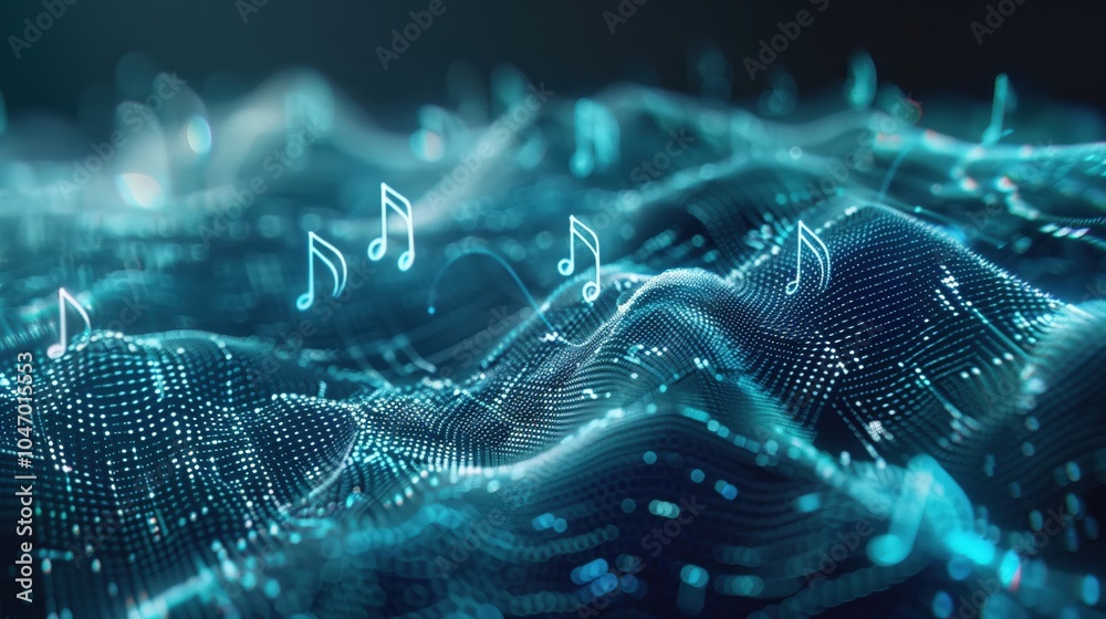 closeupA dynamic wireframe mesh composition of musical notes and sound ...