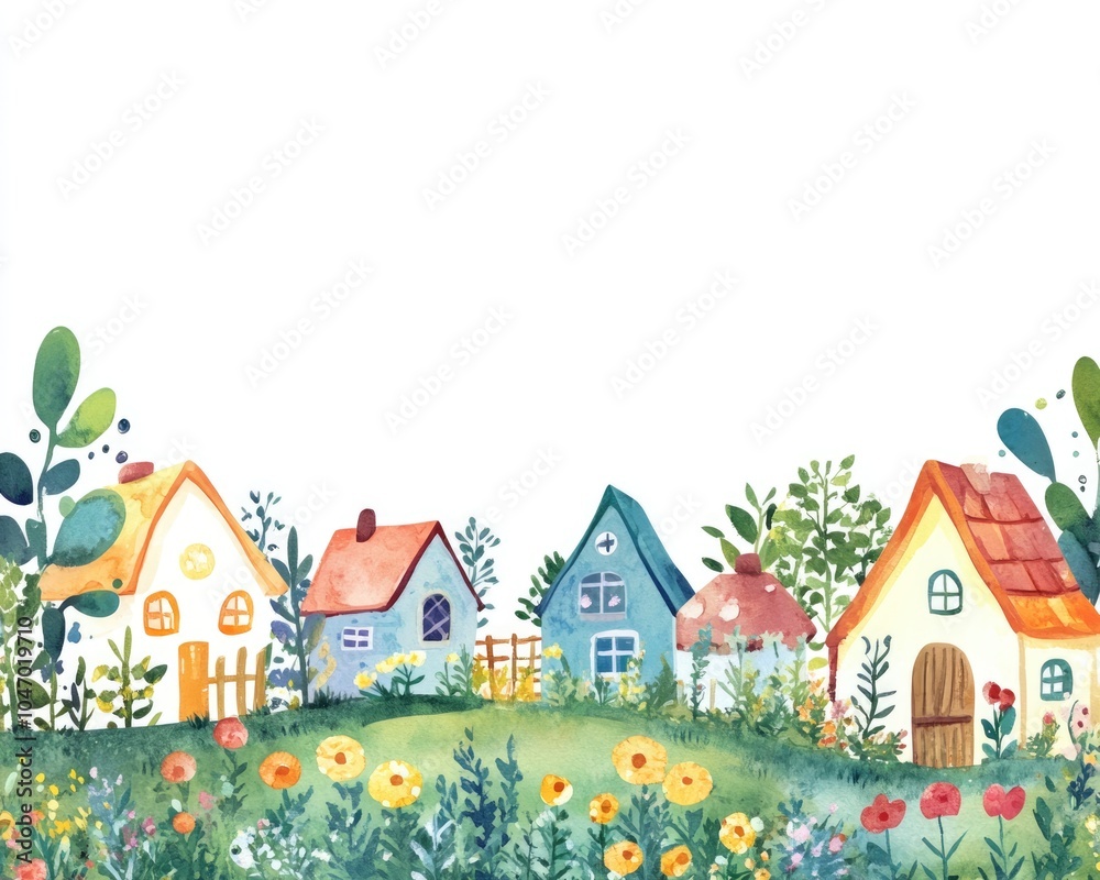 Whimsical Countryside Nursery Border with Watercolor Summer Village and ...