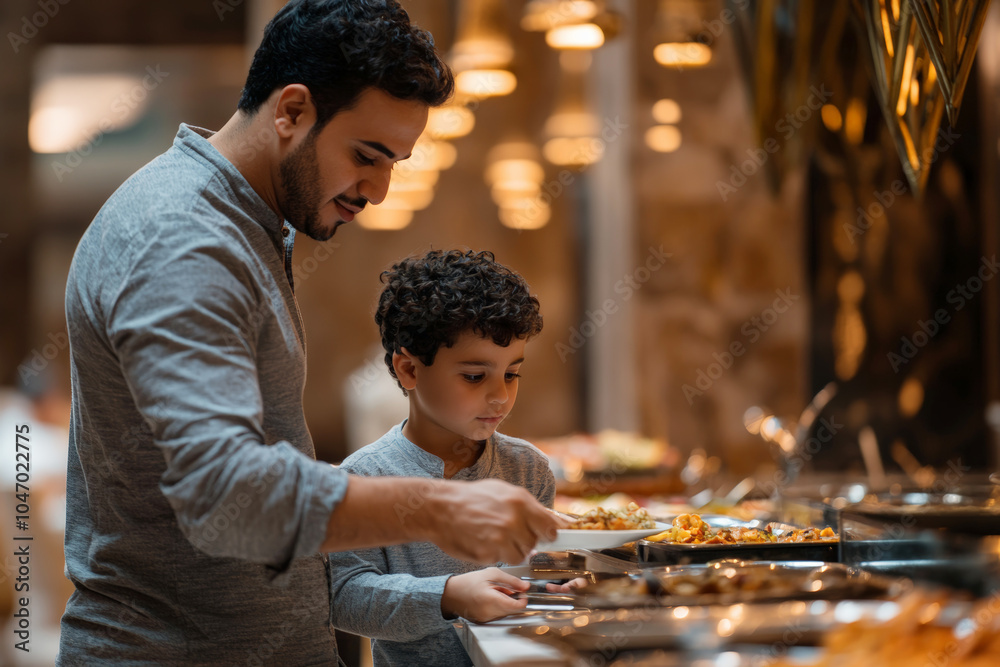 Father joyfully assists his son at a hotel buffet, creating a ...