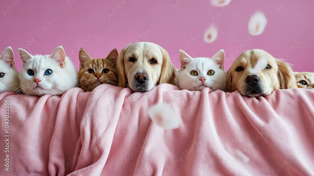 A group of dogs and cats are laying on a pink blanket with feathers ...