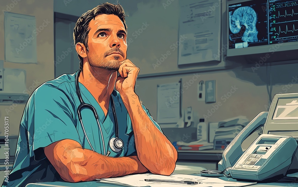Cartoon depiction of a male doctor in scrubs, pondering over a medical ...