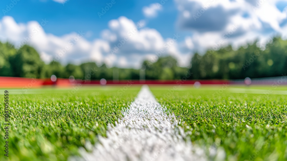 A vibrant football field under a blue sky with fluffy clouds, featuring ...